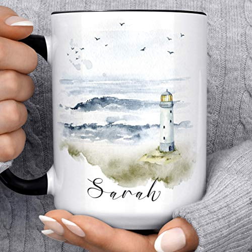 Custom Lighthouse Coffee Mug With Name – Watercolor Coastal Ocean Scene ...