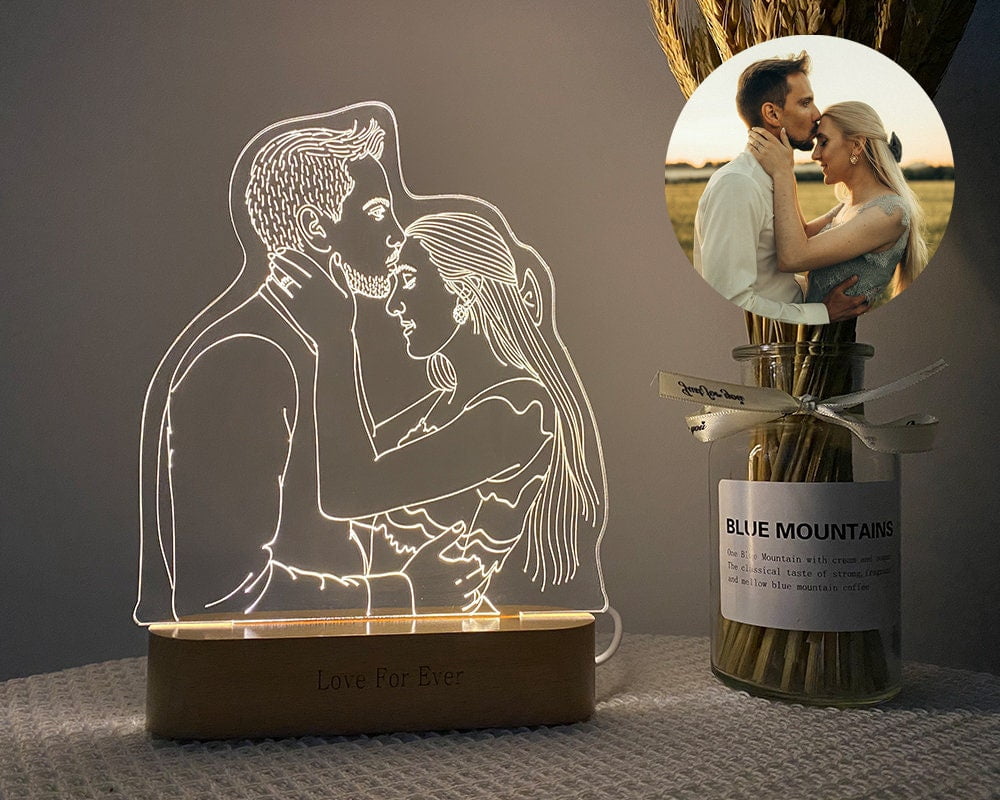 Custom Line Art Portrait Custom Table Light Acrylic Plaque Wooden Base ...
