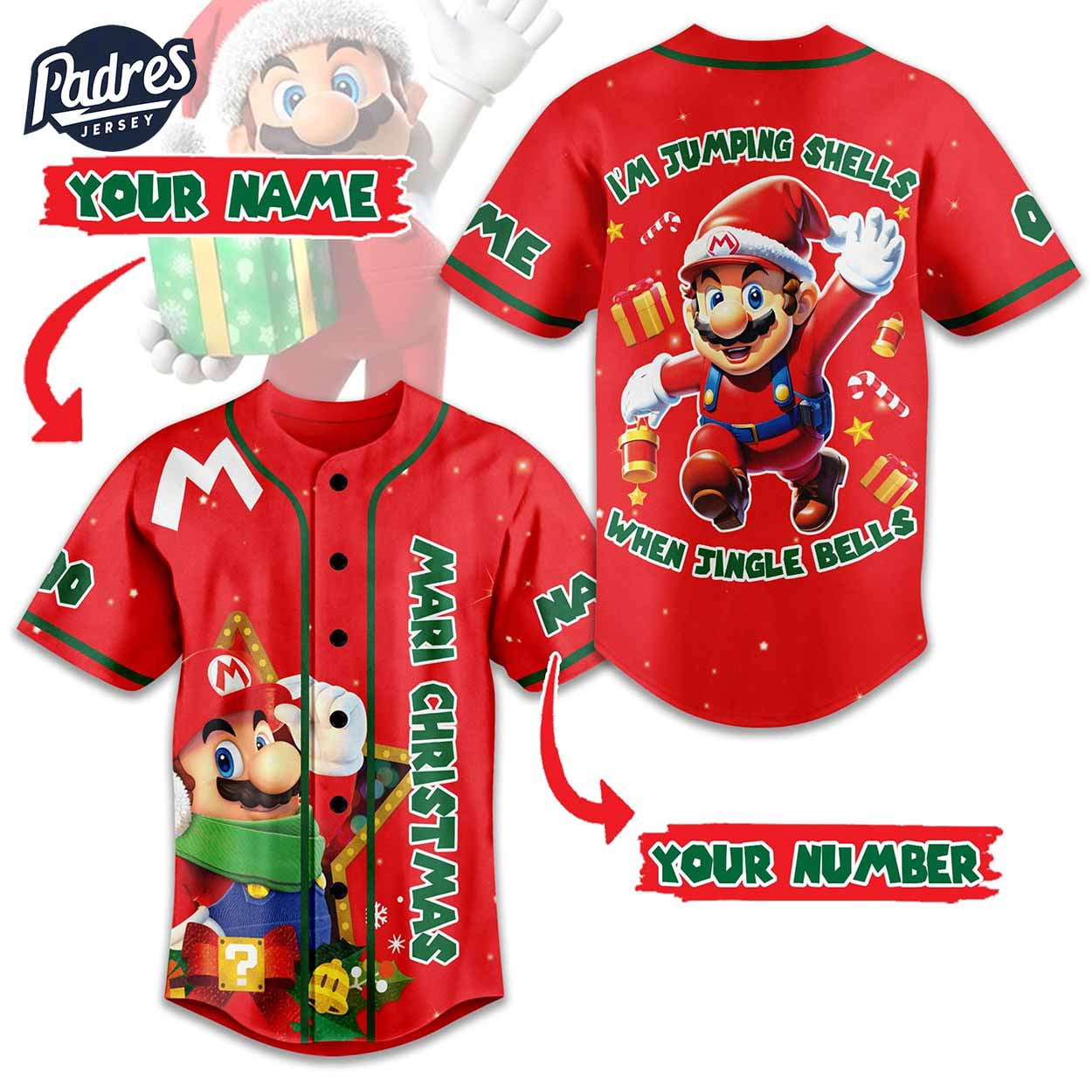 Custom Mario Christmas baseball Jersey Mari Christmas I'm Jumping Shell ...