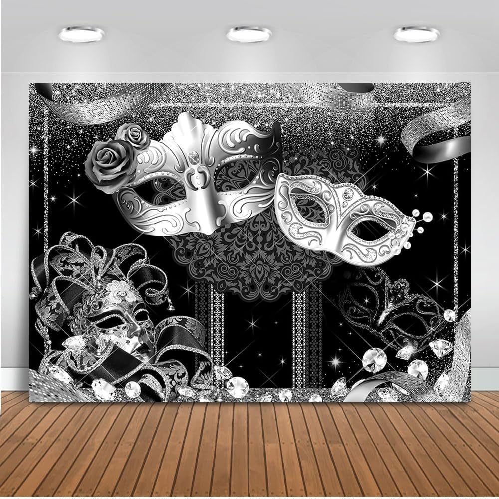 Custom Masquerade Party Backdrop Black Silver Mask Mardi Gras Carnival ...