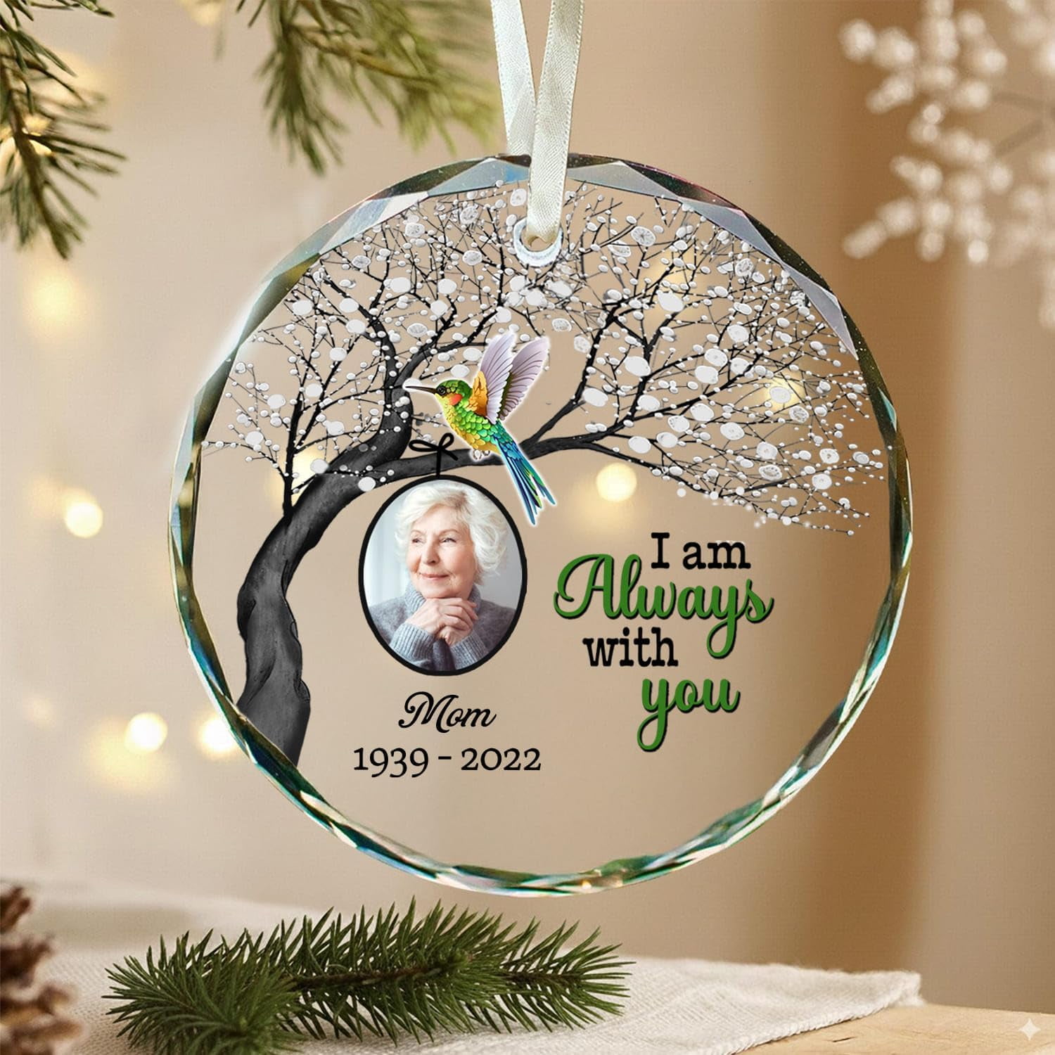 Custom Memorial Christmas Glass Ornament, Always with You Holly Branch ...