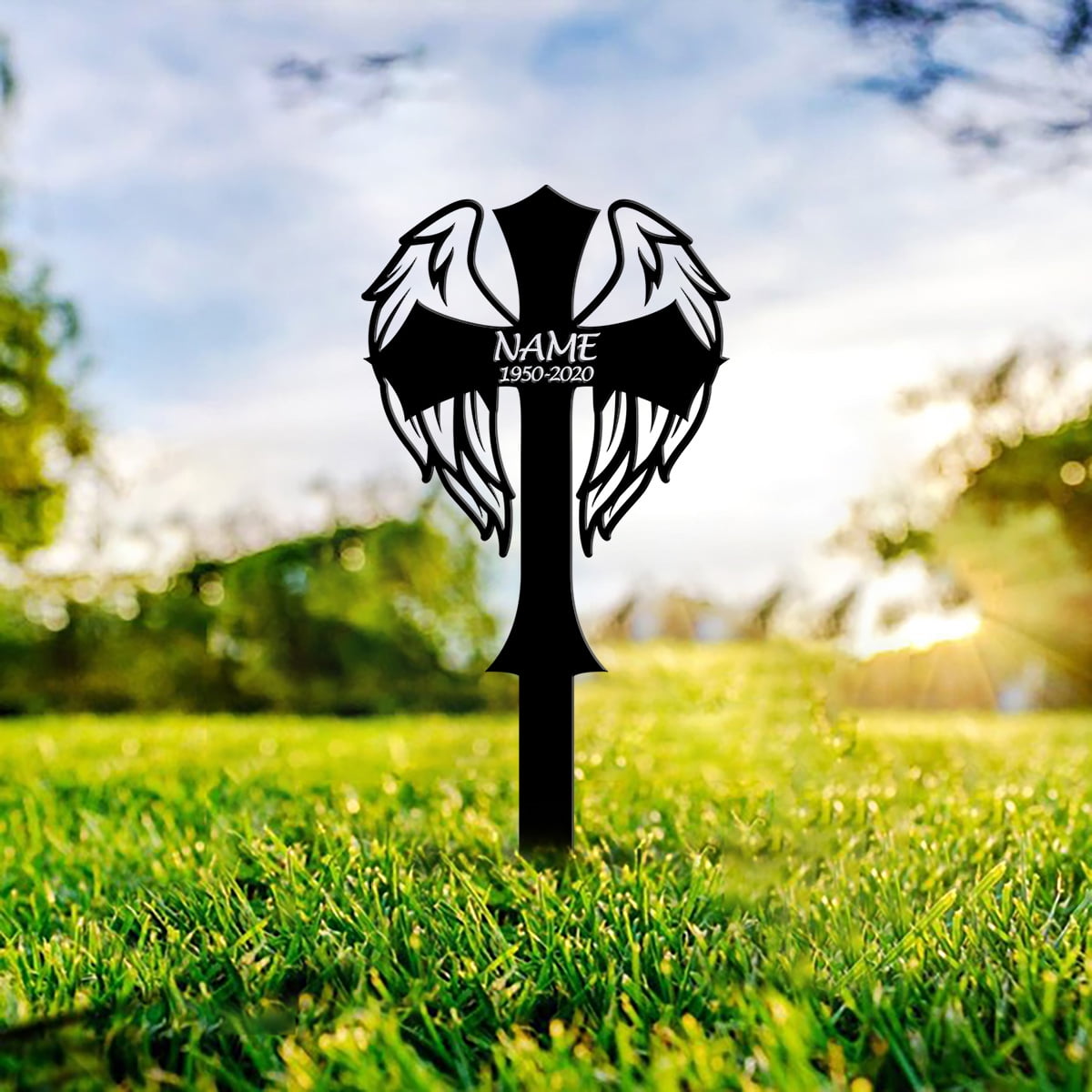 Custom Memorial Cross With Wings Metal Stake, Memorial Garden Decor ...