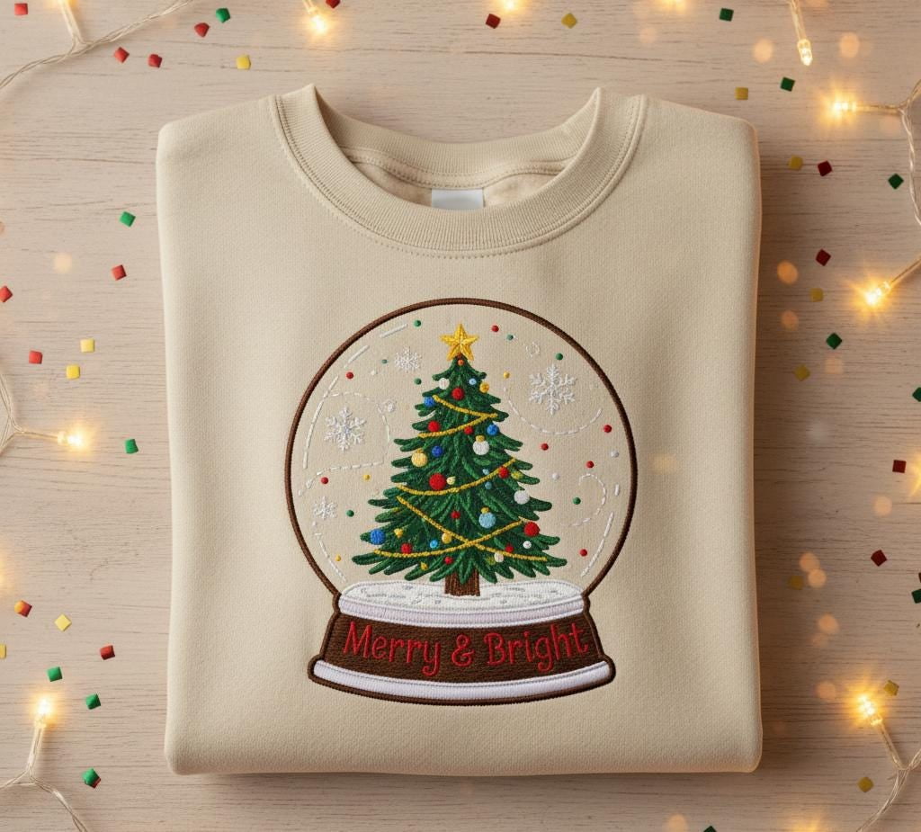Custom Merry & Bright Snow Globe Embroidered Sweatshirt, Christmas Tree ...