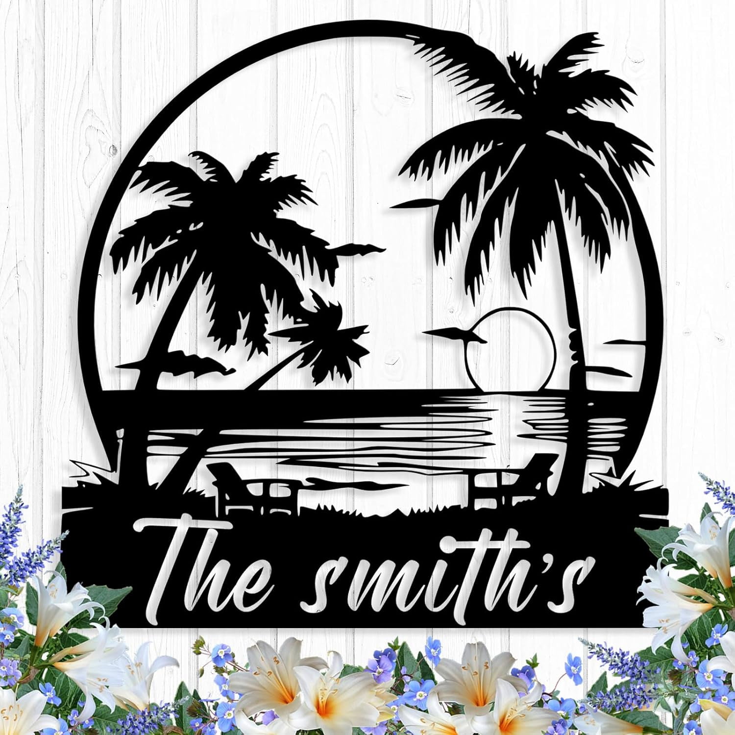 Custom Metal Beach Sign Wall Art Decor, Personalized Metal Palm Tree ...