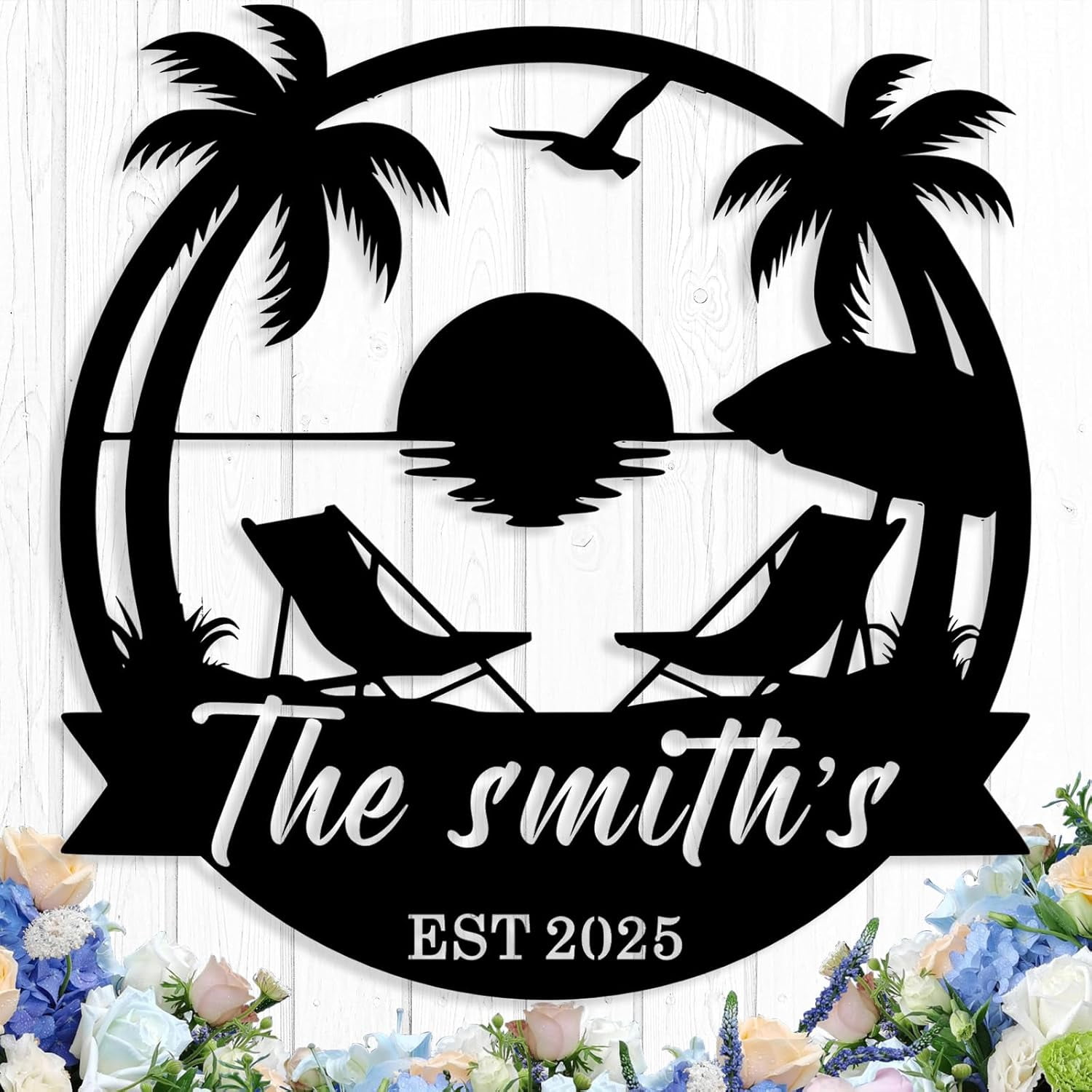 Custom Metal Beach Sign Wall Art Decor, Personalized Metal Palm Tree ...