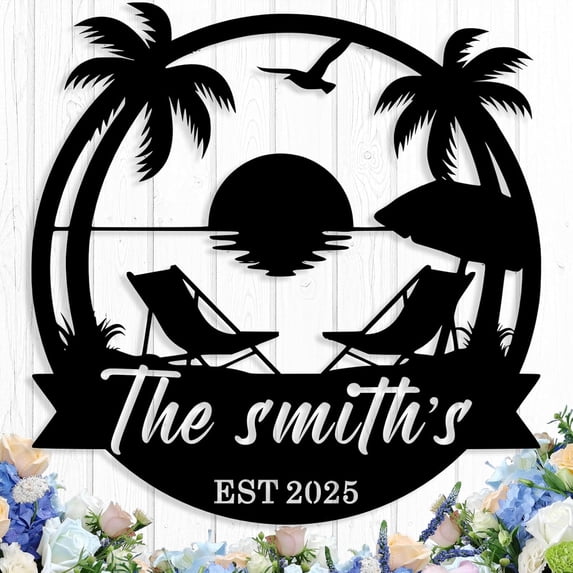 Custom Metal Beach Sign Wall Art Decor, Personalized Metal Palm Tree ...