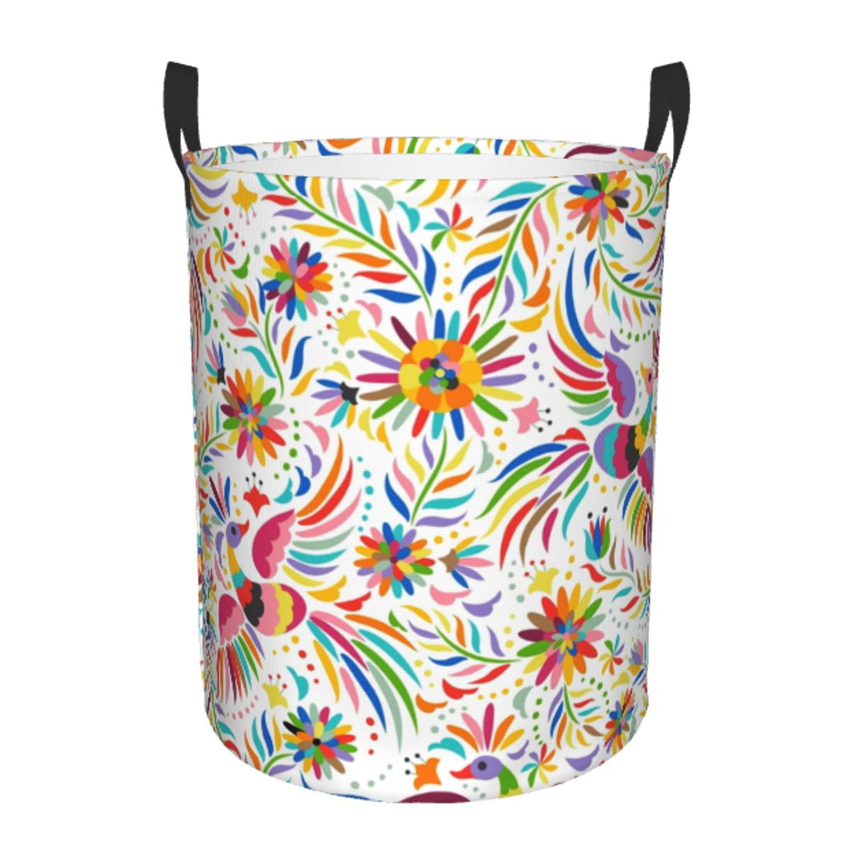 Custom Mexican Otomi Handicraft Laundry Basket Foldable Animal Floral ...