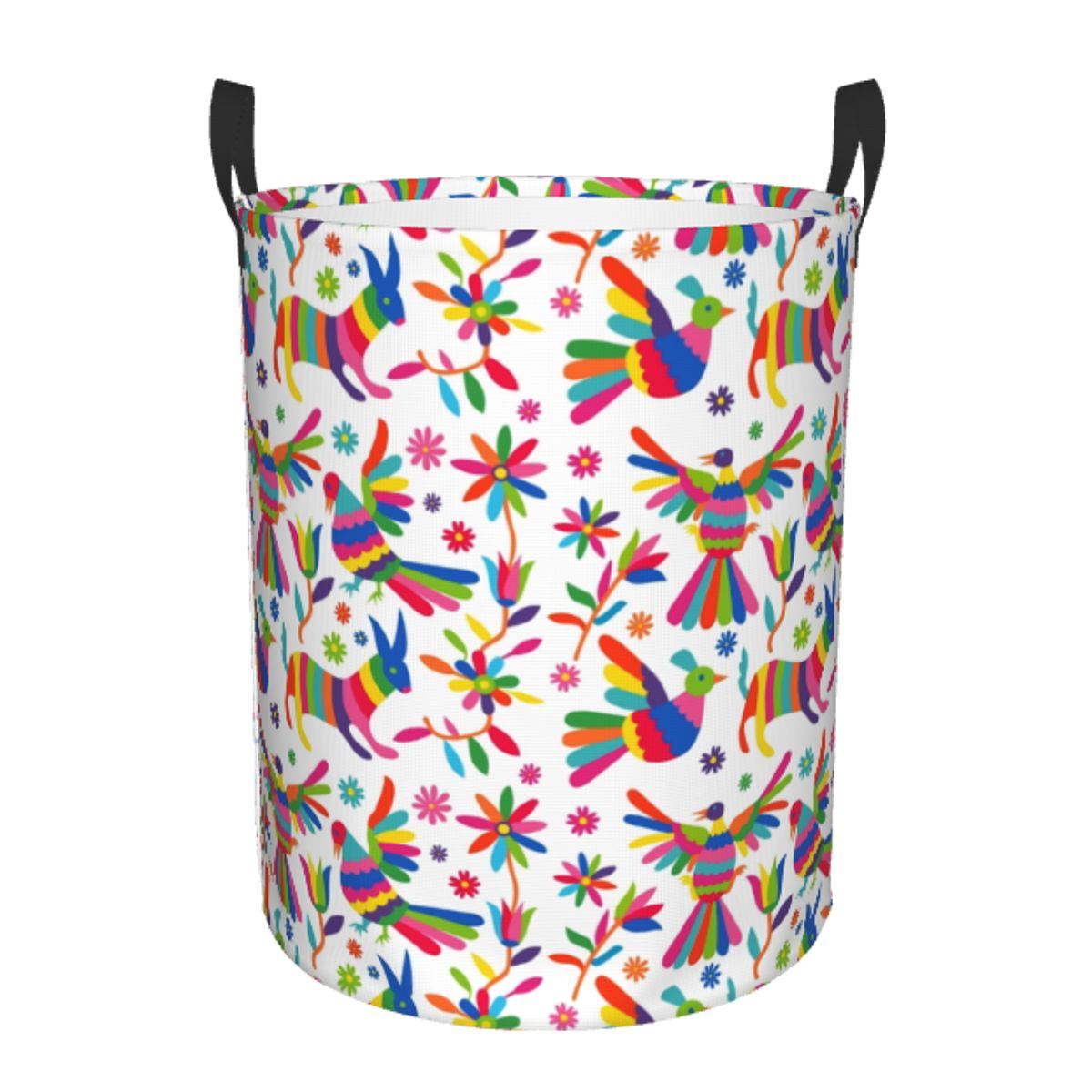 Custom Mexican Otomi Handicraft Laundry Basket Foldable Animal Floral ...