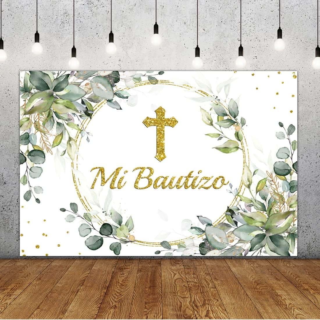 Custom Mi Bautizo Backdrop God Bless Ceremony Green Leaves Gold Ring ...