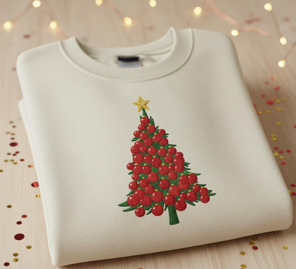 Custom Minimal Christmas Tree Embroidered Sweatshirt, Red Ornament ...