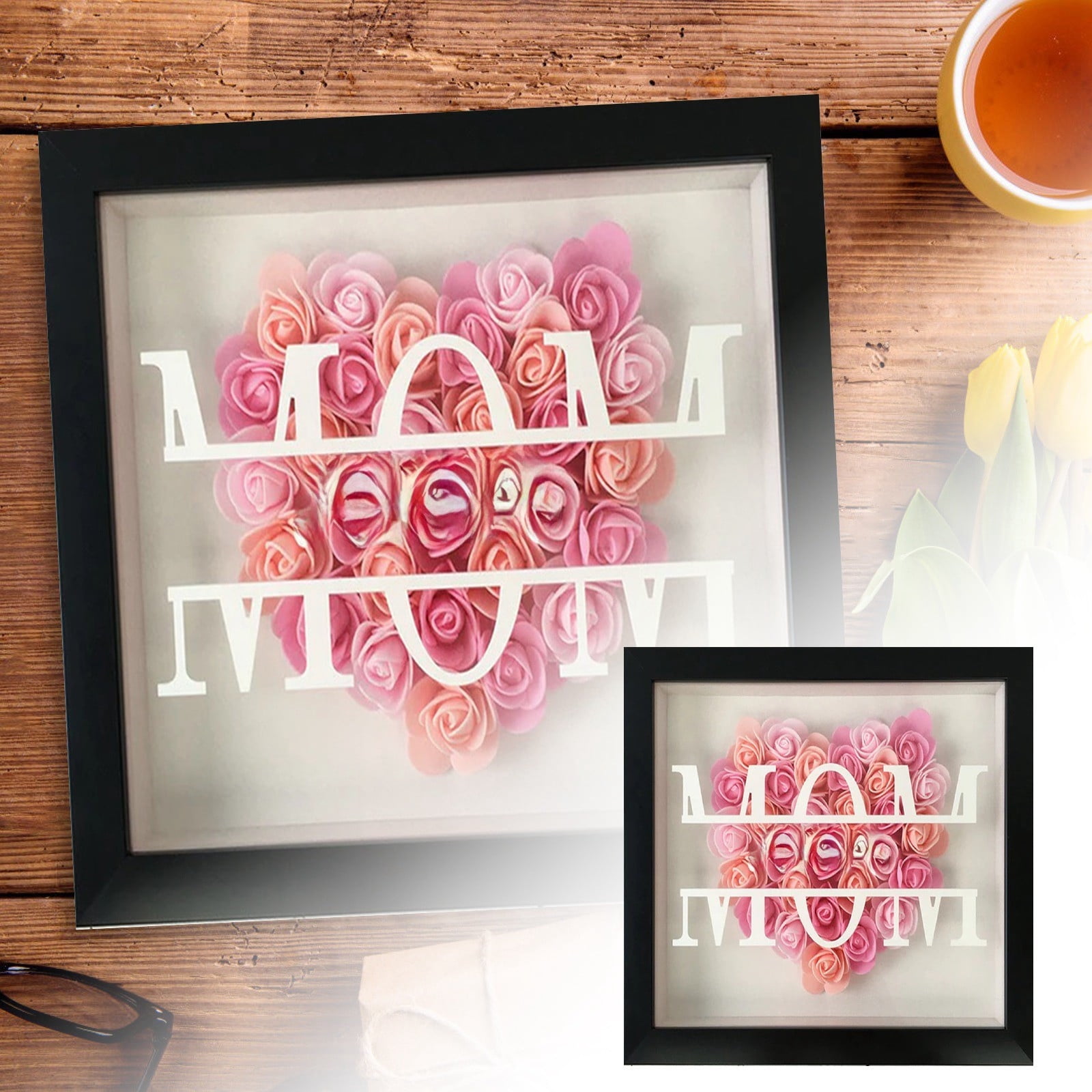 Custom Mom Flower Shadow Frame Commemorative from Daughter and Son Unique Heart Design for ...