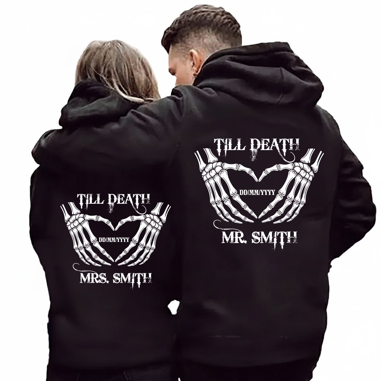 Custom Mr and Mrs Couple Hoodie – Till Death Skeleton Hands Graphic ...