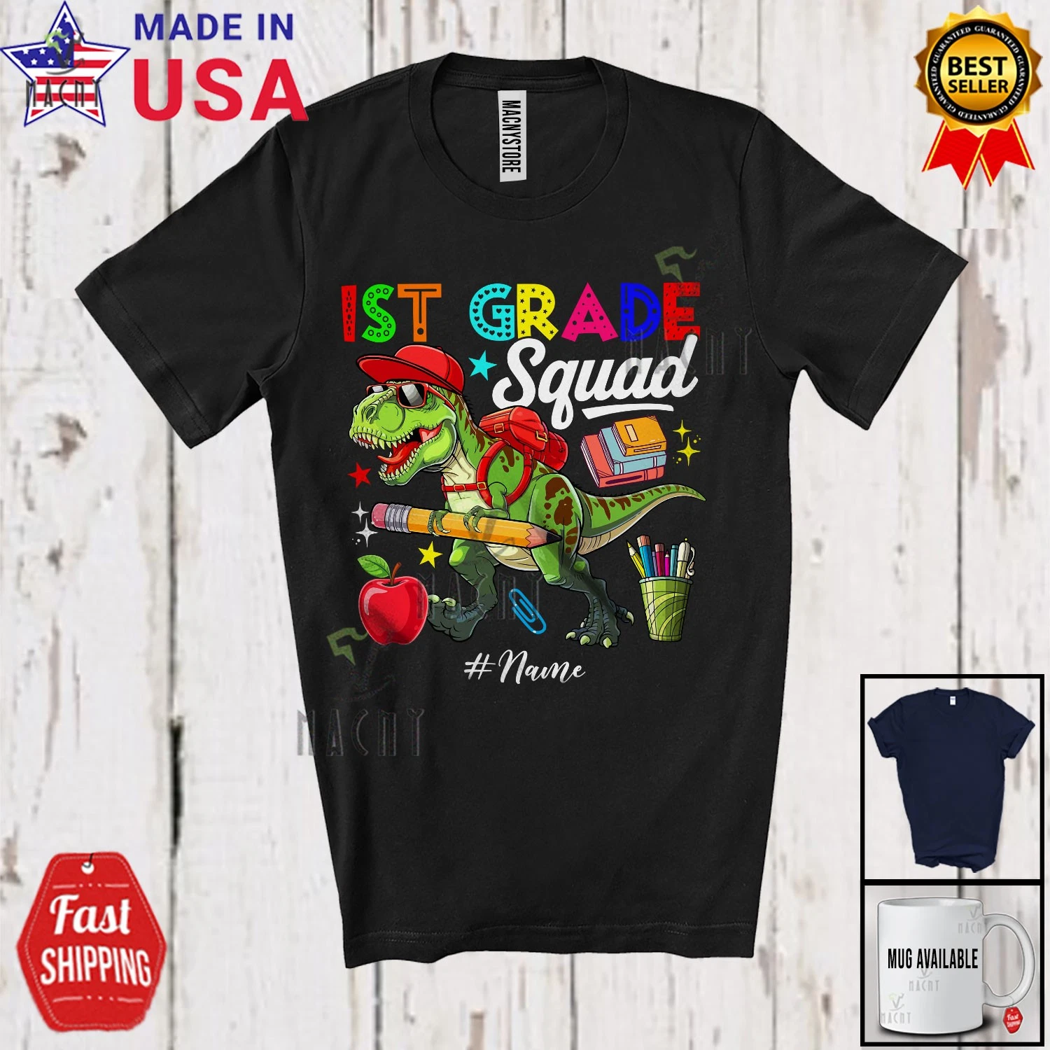Custom Name 1st Grade Squad; First Day Of School Student Teacher T-Rex ...
