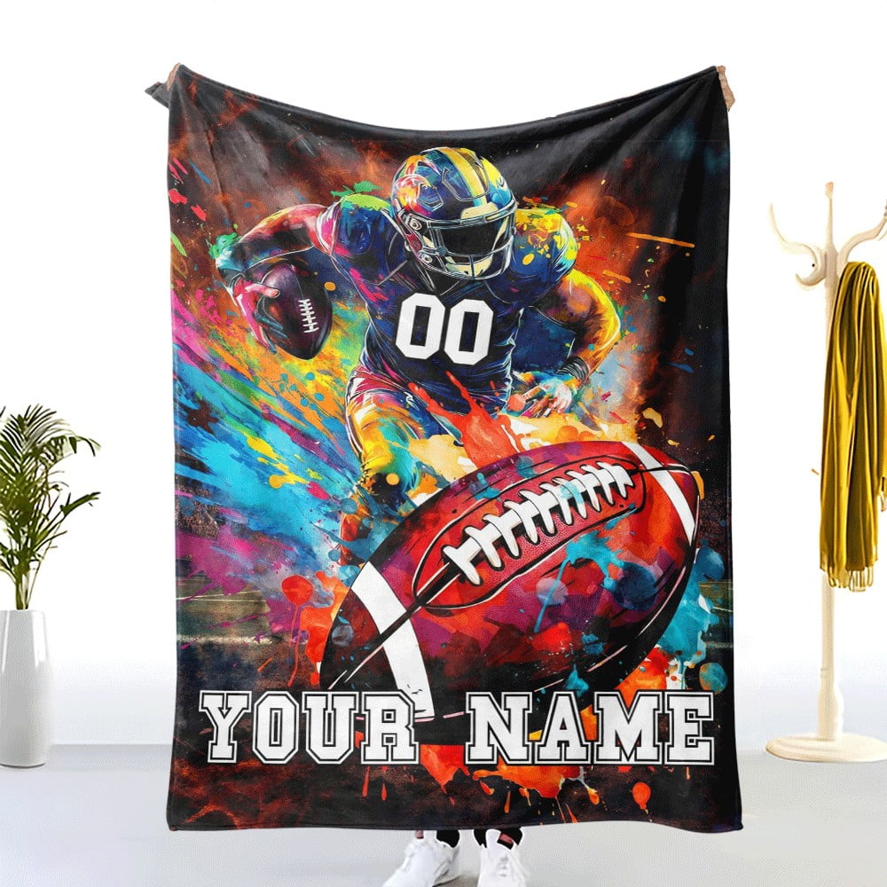 Custom Name American Football Player Colorful Print Flannel Blanket ...