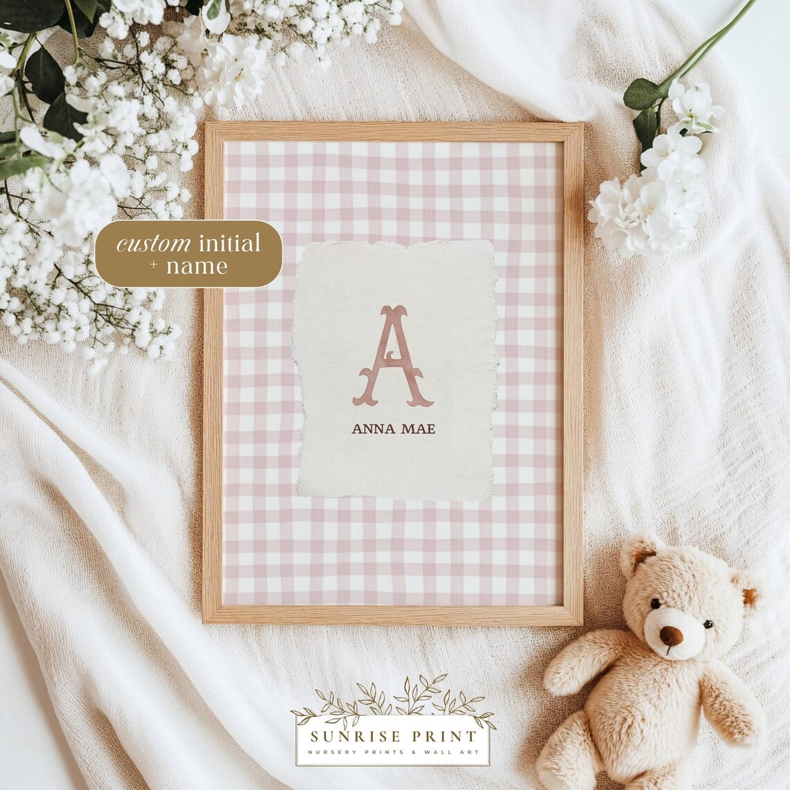 Custom Name Artwork Pink Gingham Nursery Wall Art Personalized Gift For ...