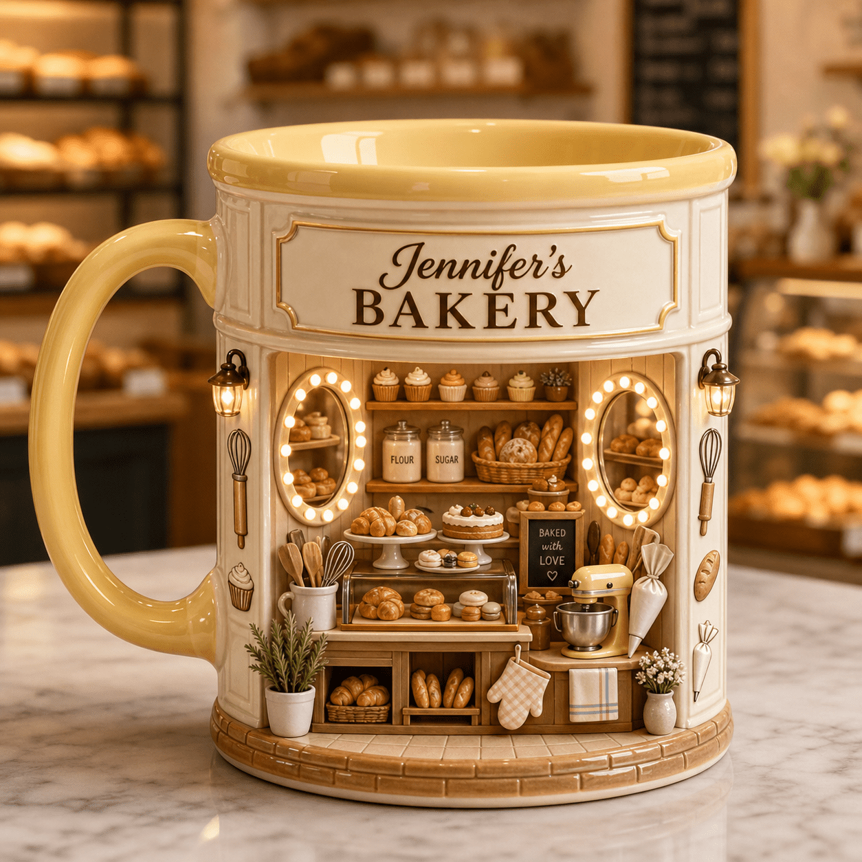 Custom Name Baker Mug, Personalized 3D Effect Bakery Storefront Mug for ...