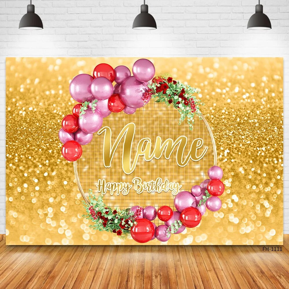 Custom Name Balloons Gold Glitters Birthday Party Banner Backgrounds ...