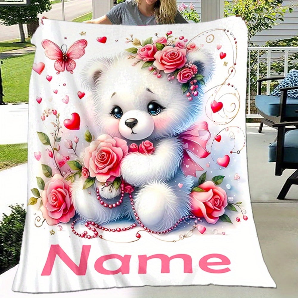 Custom Name Bear & Rose Flannel Blanket - Personalized Plush 280 GSM ...