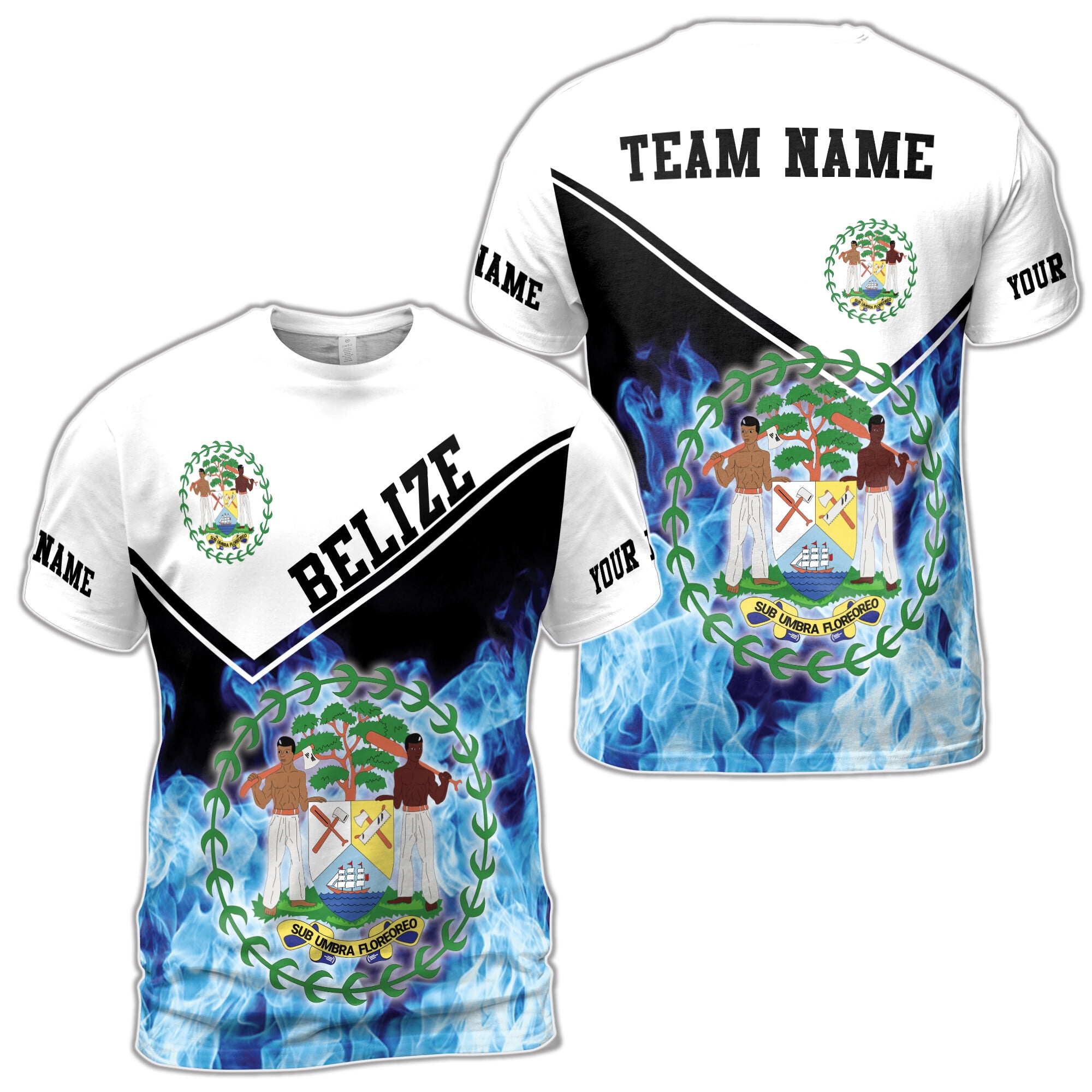 Custom Name Belize Coat Of Arms White Black Blue Fire T-shirt S-5XL ...