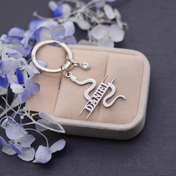 Custom Name Birthstone Snake Keychains Stainless Steel Mystical Animal ...