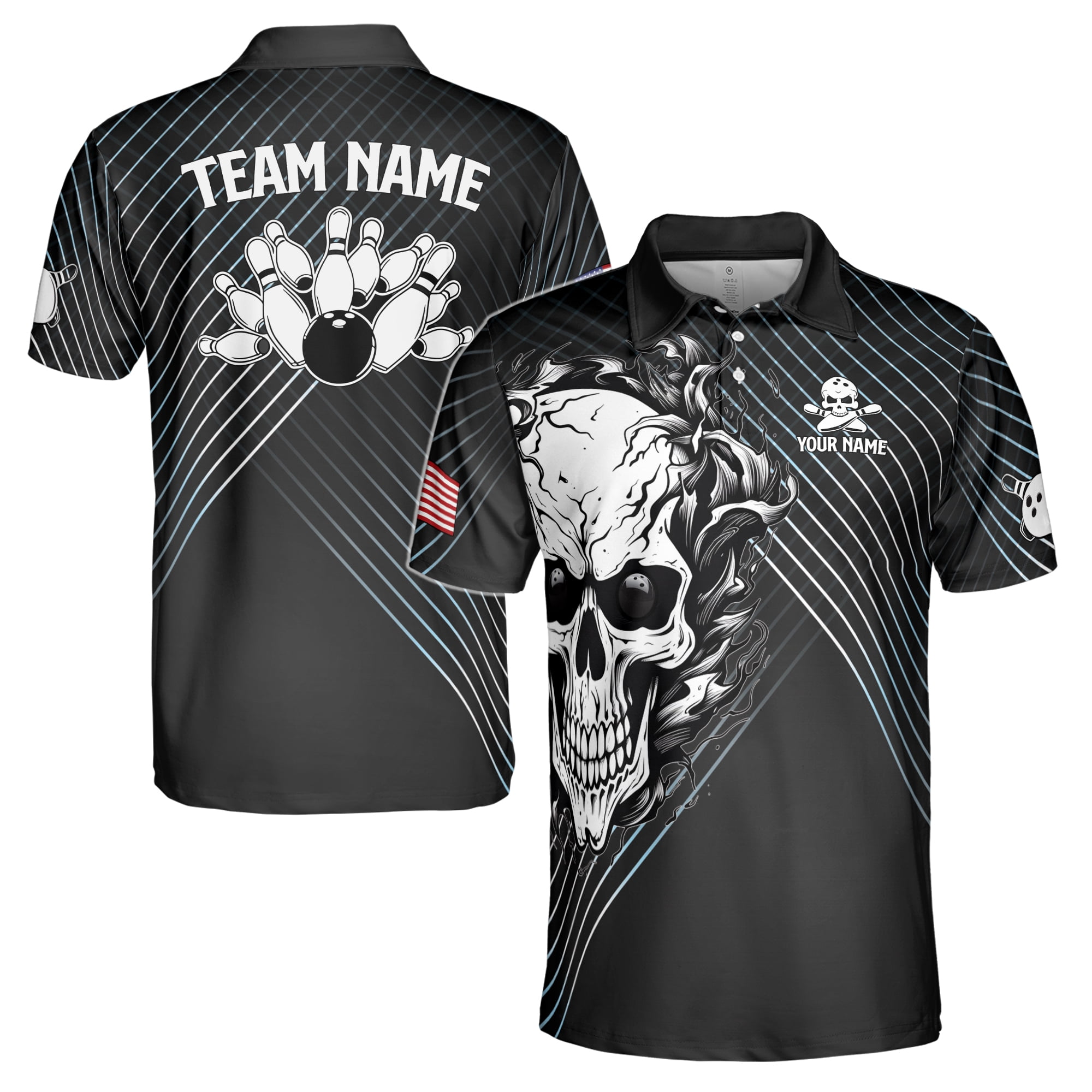 Custom Name Bowling Skull Design American Flag Men's Polo S-5XL ...