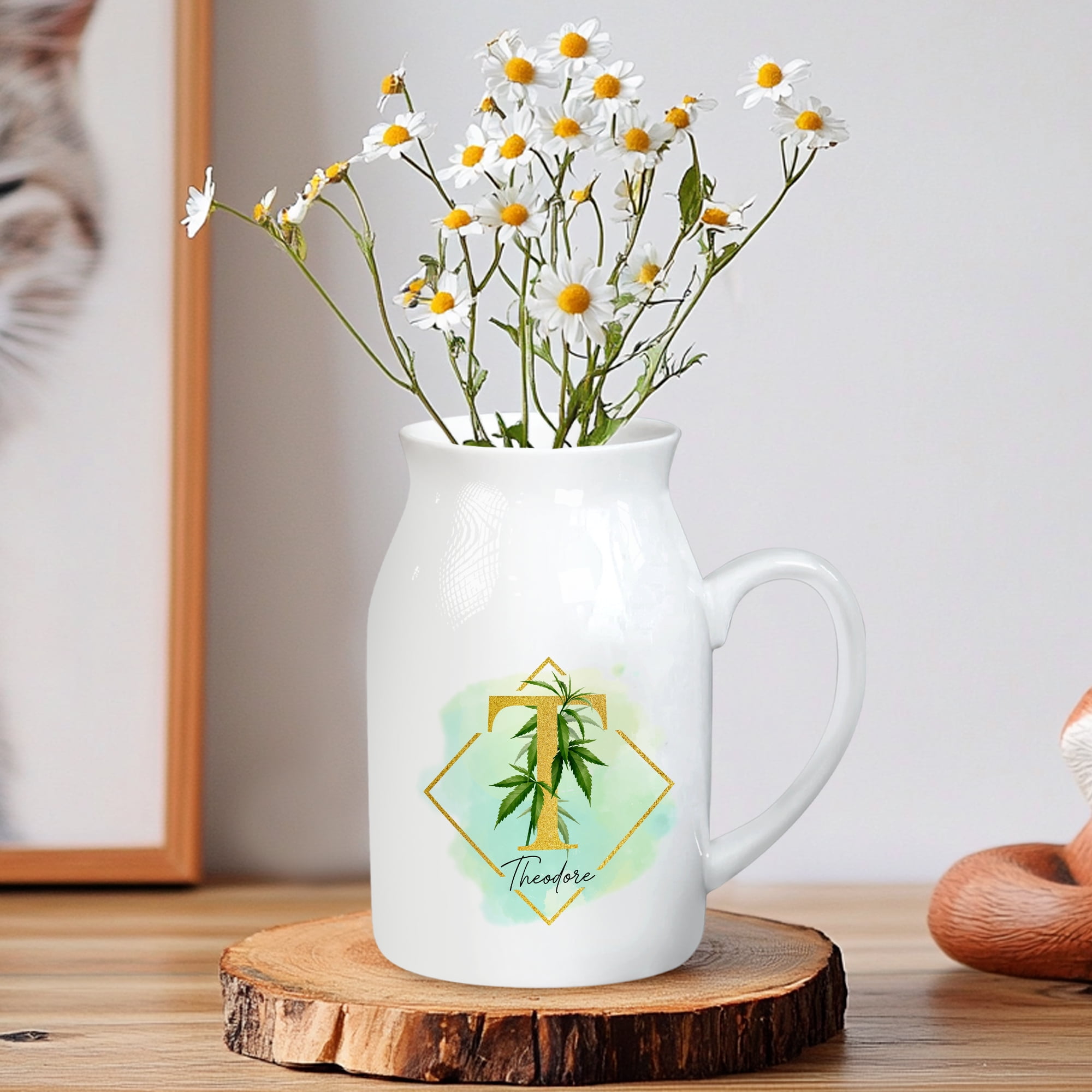 Custom Name Ceramic Pitcher Vase – Personalized Green Botanical ...