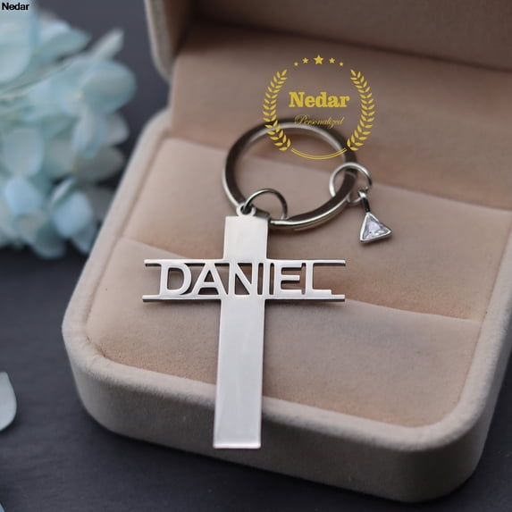 Custom Name Cross Birthstone Keyring Stainless Steel Prayer Religion ...