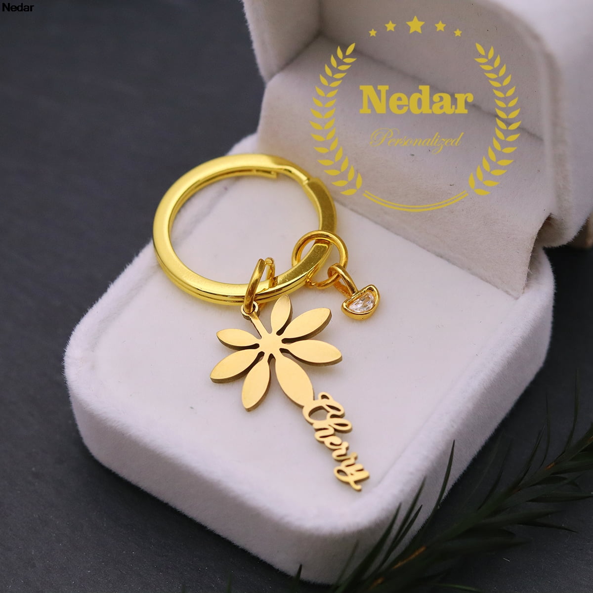 Custom Name Delicate Floral Stainless Steel Flower Leaves Keyring ...