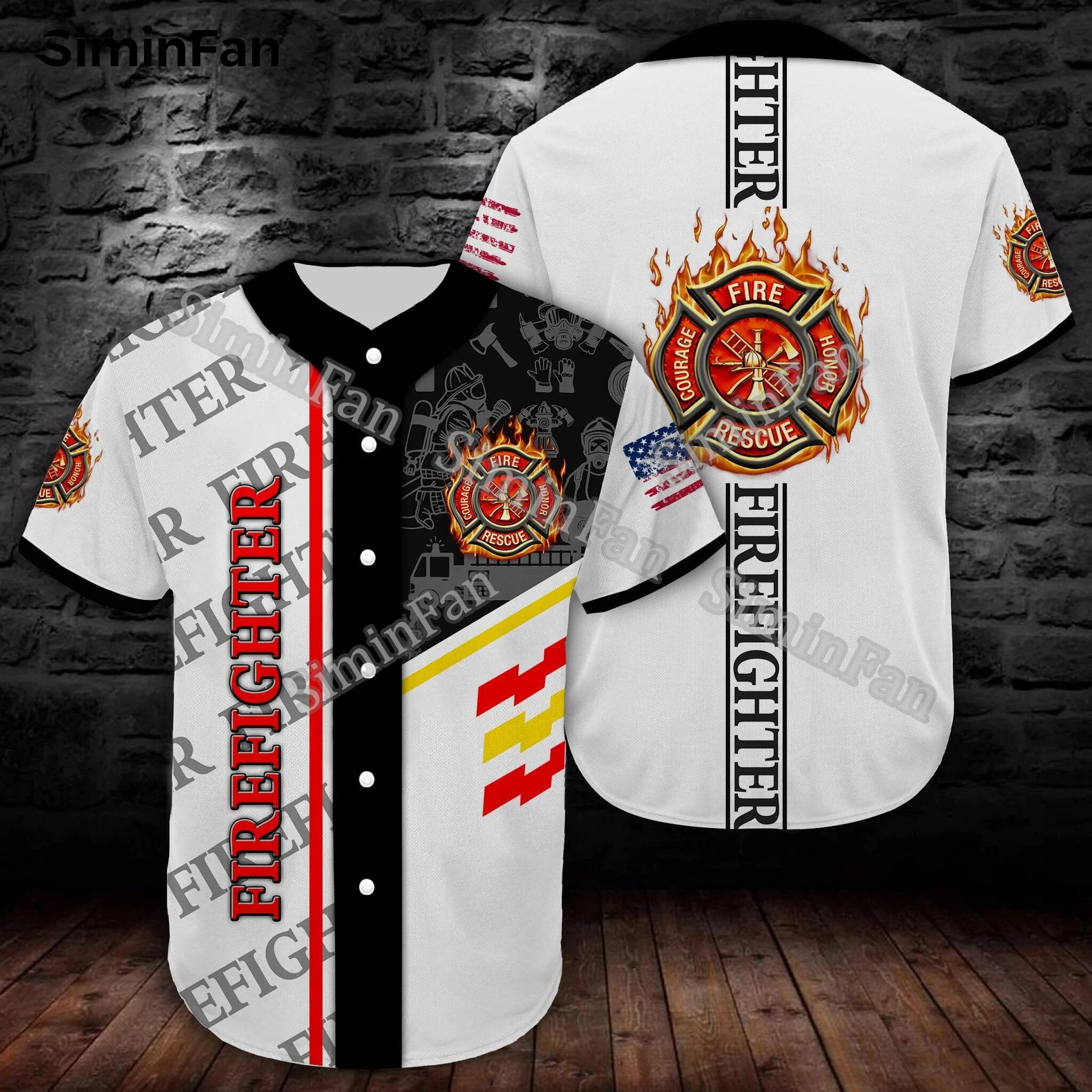 Custom Name Firefighter Fire Rescue 3D Printed Mens Baseball Tee Jersey ...