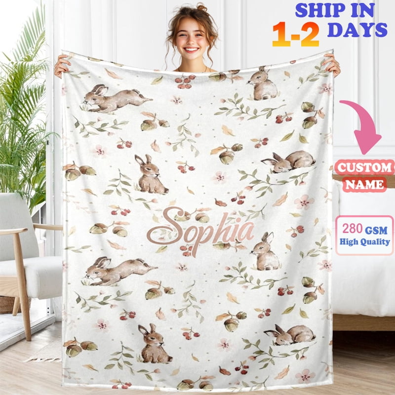 Custom Name Flannel Blanket - Cute Bunny Rabbit Cartoon Print, Ultra ...