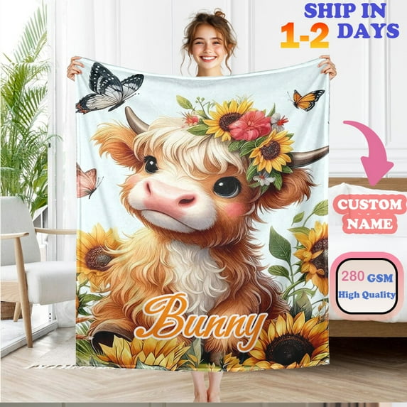 Custom Name Flannel Blanket with Cute Cow Print, Ultra Soft 280GSM ...