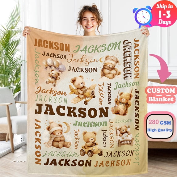 Custom Name Flannel Blanket Throw - Personalized Gift for Bed, Sofa ...