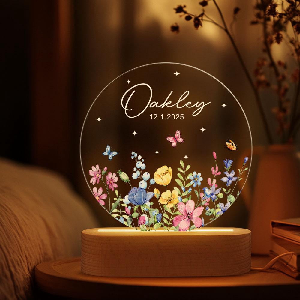 Custom Name Floral Art Night Light Personalized Butterfly Acrylic Table ...