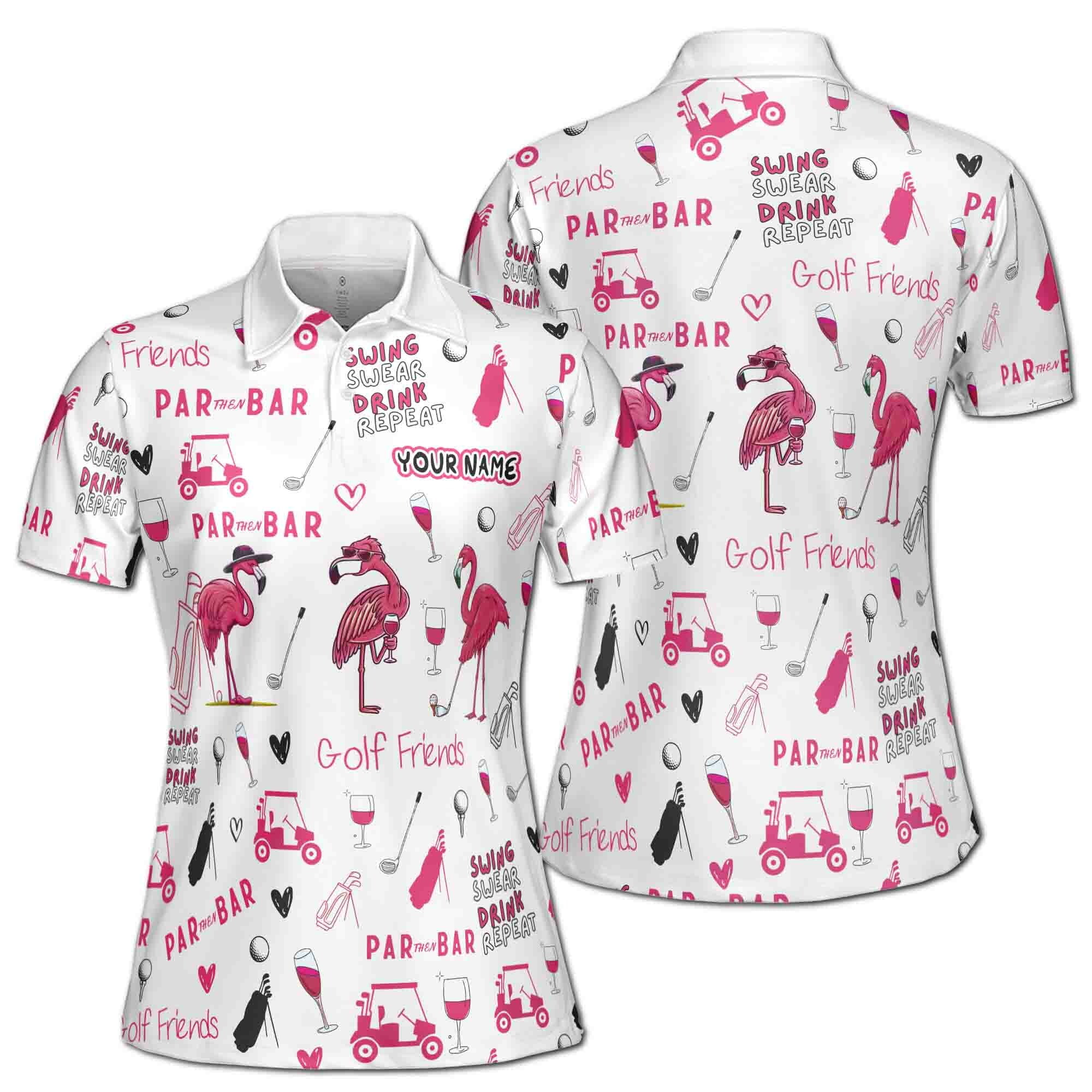Custom Name Funny Flamingo Plays Golf Par Then Bar Women's Polo S-5XL ...