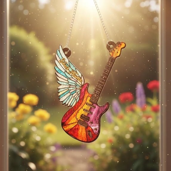 Custom Name Guitar with Wings Acrylic Suncatcher, Personalized Rock ...