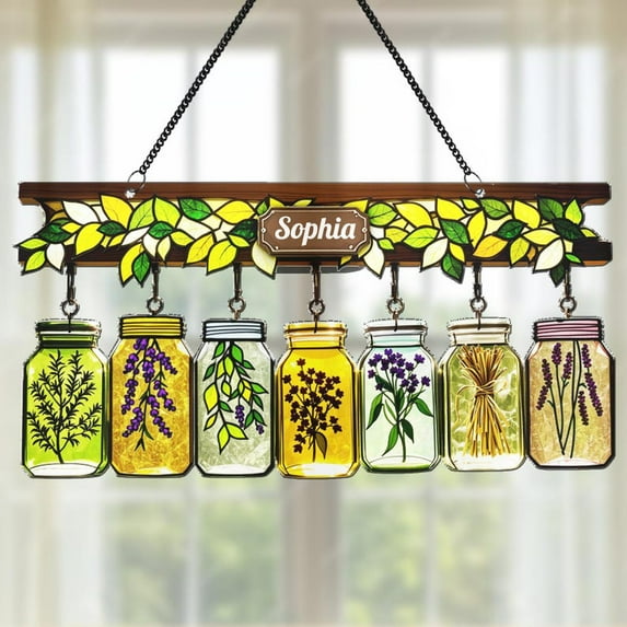 Custom Name Herb Jar Acrylic Suncatcher – Botanical Theme Home Art ...