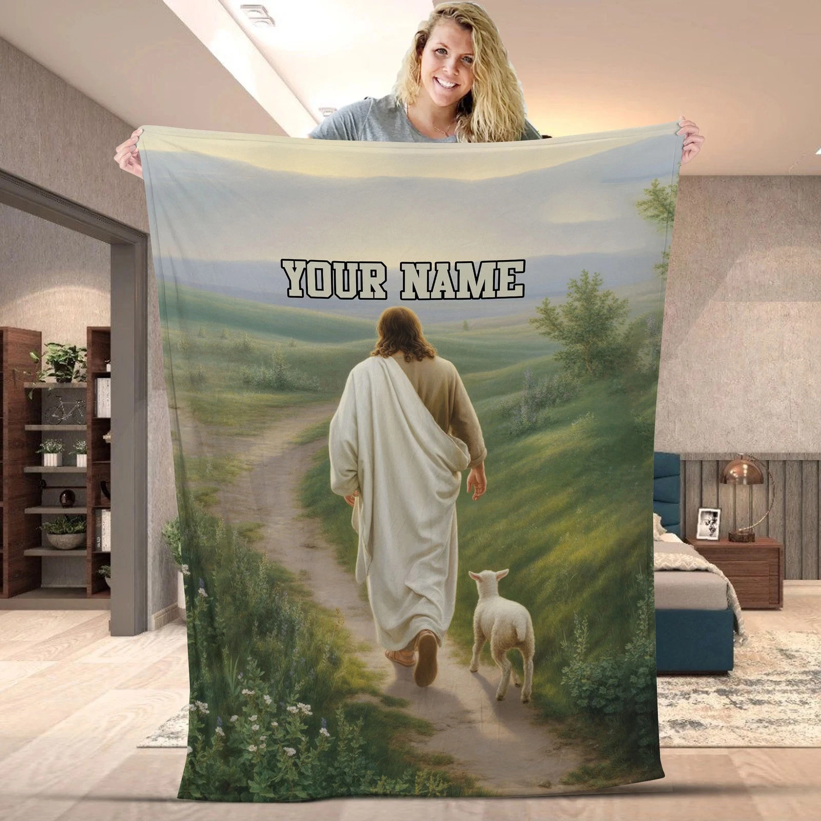 Custom Name Jesus & Lamb Walking The Religious Christian Fleece Blanket ...
