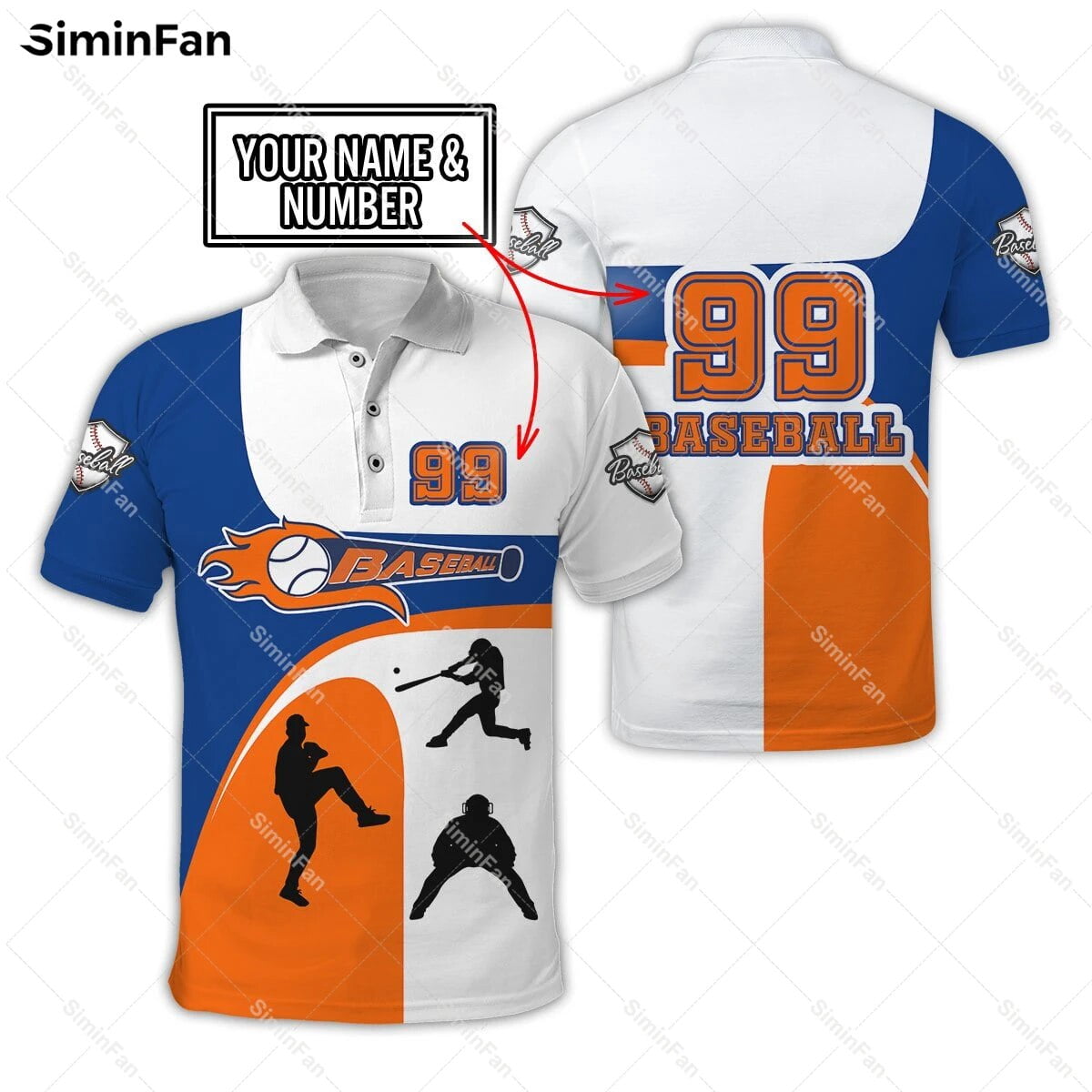 Custom Name Number Baseball 3D All Over Printed Polo Shirts Men Lapel ...
