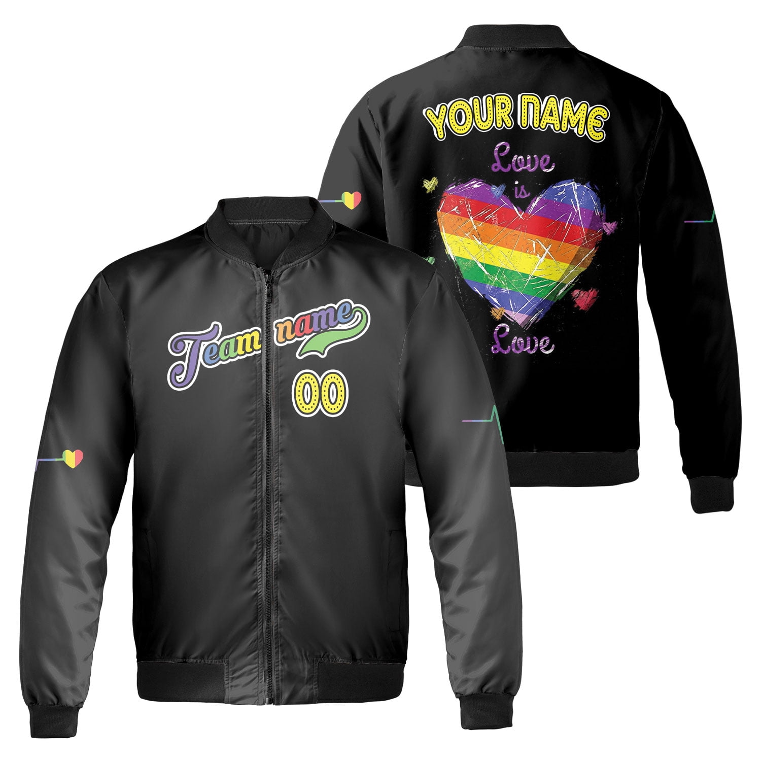 Custom Name Number Love Is Love Bomber Jacket, Rainbow Heart Graphic ...
