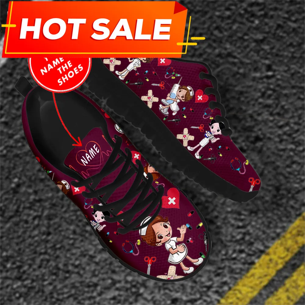 Custom Name Nurse Shoes Mesh Flat Sneakers For Women's Cute Cartoon ...