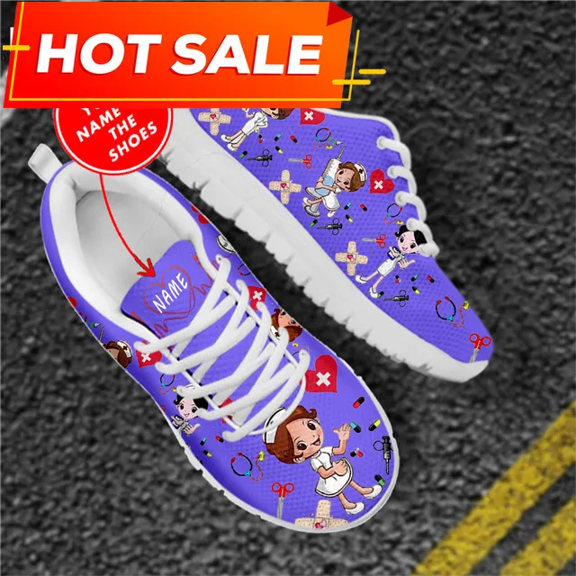 Custom Name Nurse Shoes Mesh Flat Sneakers For Women's Cute Cartoon ...