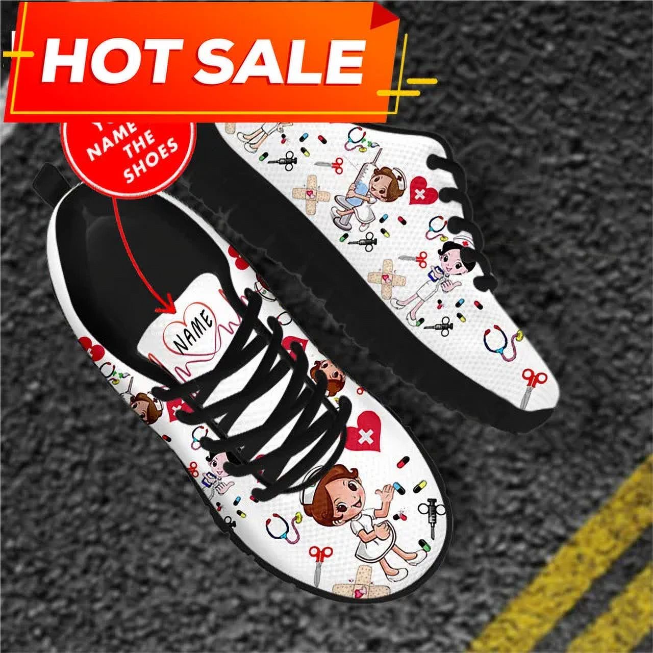 Custom Name Nurse Shoes Mesh Flat Sneakers For Women's Cute Cartoon ...