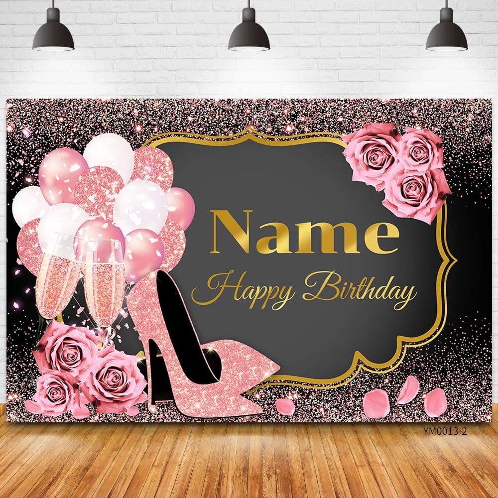 Custom Name Photo Gold Happy Birthday Backdrop Red Rose Floral Golden ...