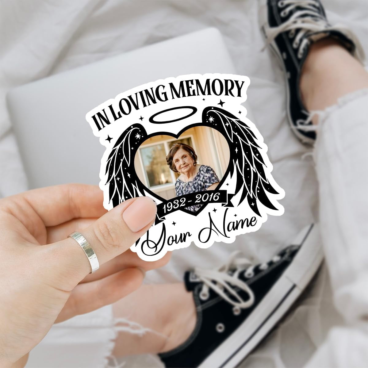 Custom Name & Photo in Loving Memory of Angel Wings Sticker ...