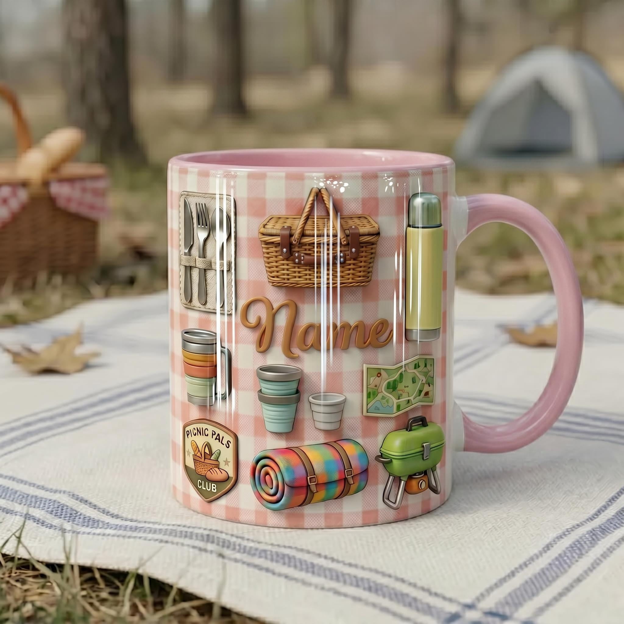 Custom Name Picnicking Mug, Faux 3D Effect Mug, Weekend Escape Coffee ...