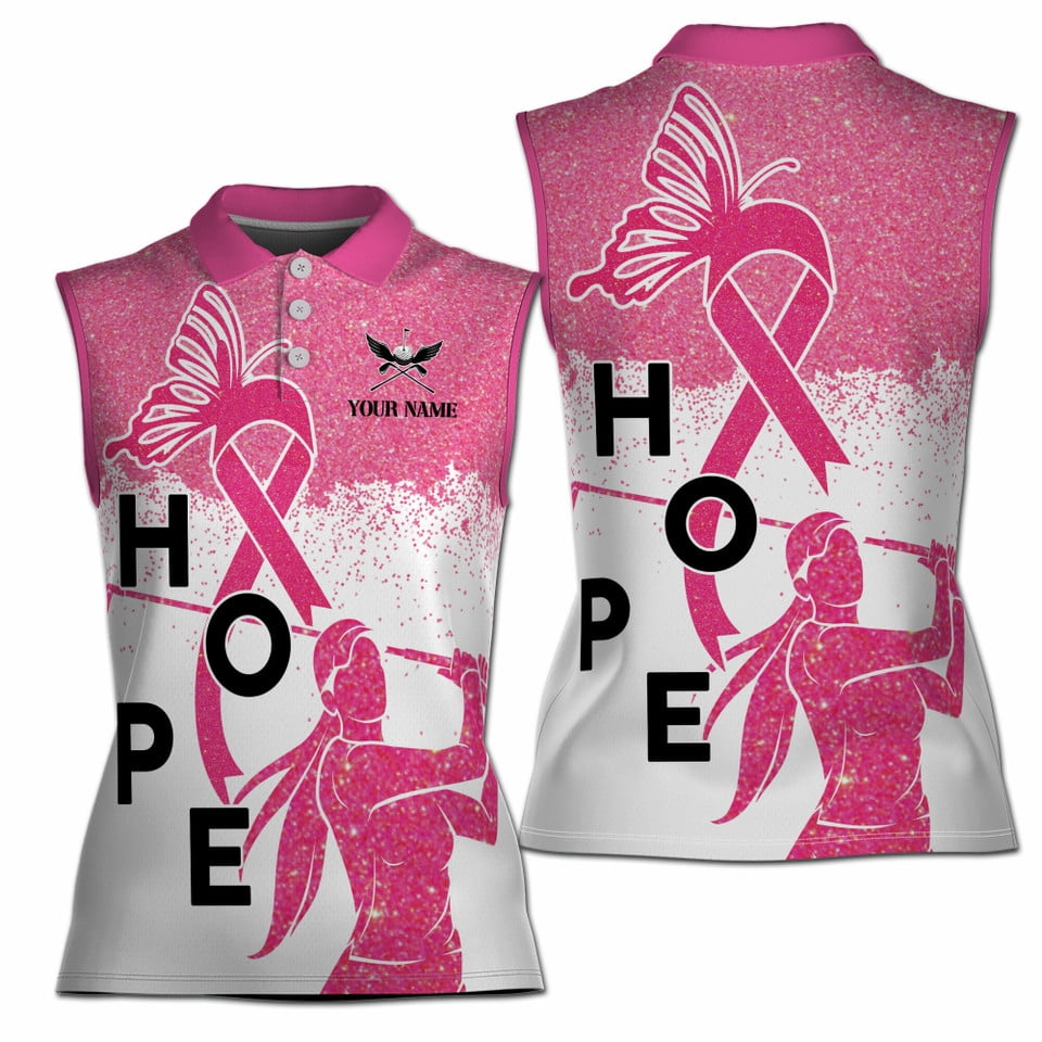 Custom Name Pink Glitter Hope Lady Golfer Women Sleeveless Polo XS-4XL ...