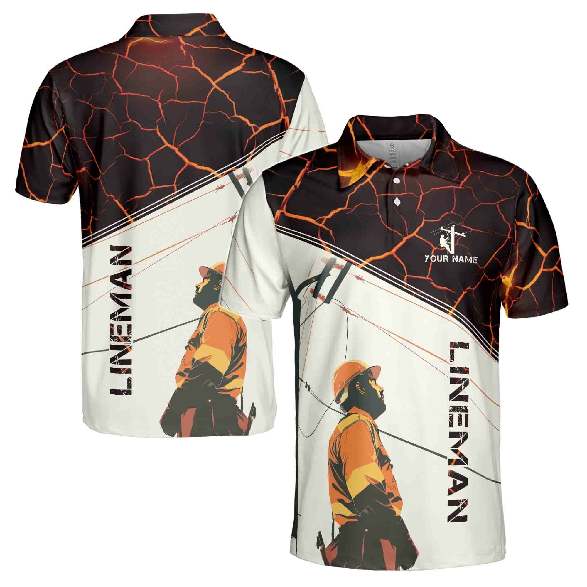 Custom Name Proud To Be A Lineman Lava Pattern Men's Polo Shirt S-5XL ...