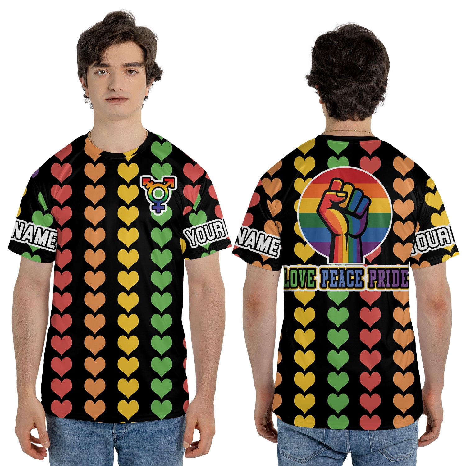 Custom Name Rainbow Hearts Tee, LGBTQ+ Pride Month Tshirt, Love Peace ...