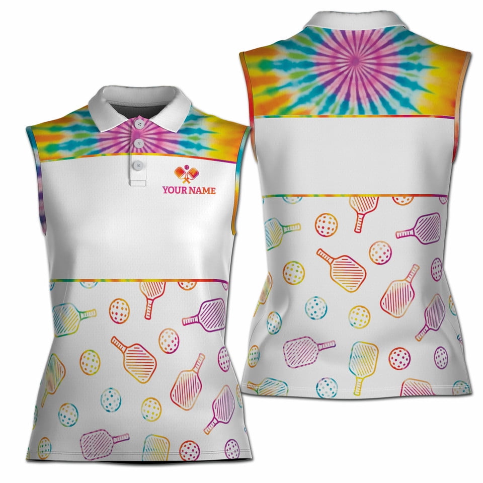 Custom Name Rainbow Pickleball Pattern Women Sleeveless Polo XS-4XL ...