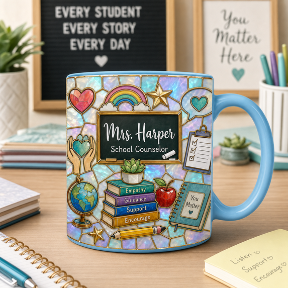 Custom Name School Counselor Mug, Personalized Stained Glass 3D Effect ...